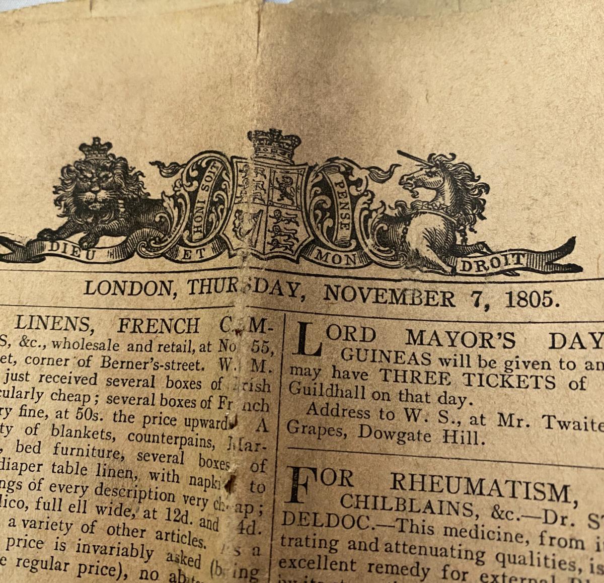 The Times Newspaper November 7th 1805 Battle Of Trafalgar Edition