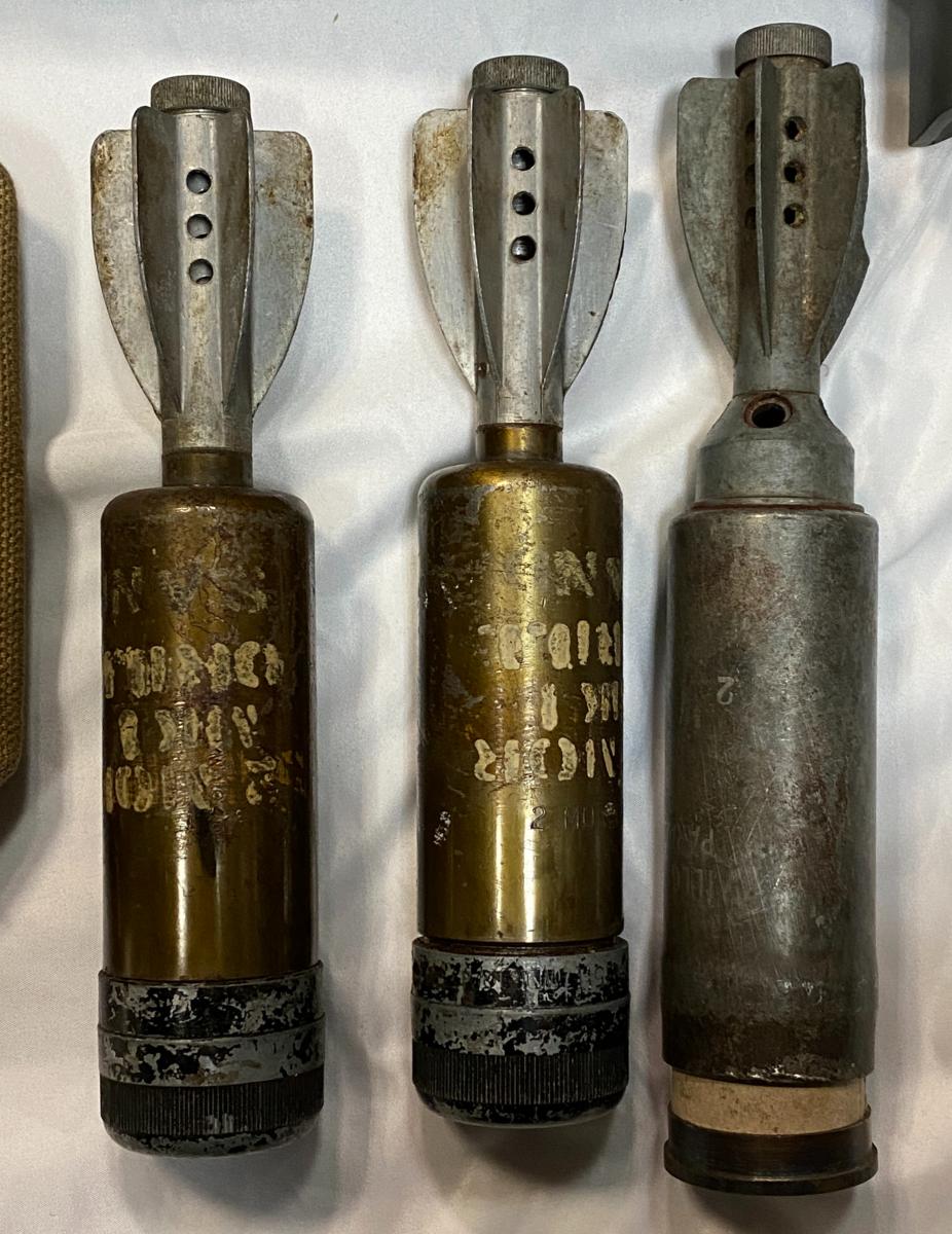 WW2 British Paratrooper Two Inch Mortar Bombs In Cases With Replica Mortar