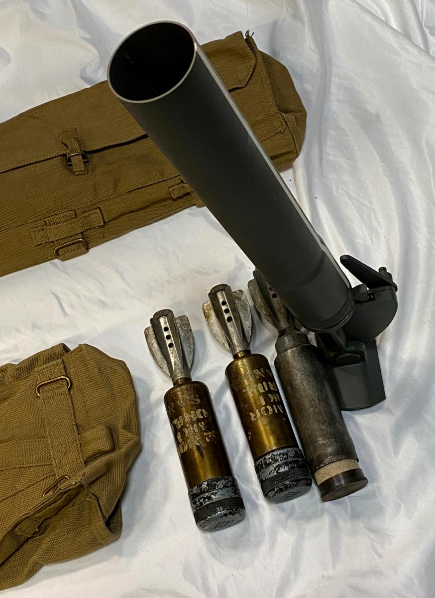 WW2 British Paratrooper Two Inch Mortar Bombs In Cases With Replica Mortar