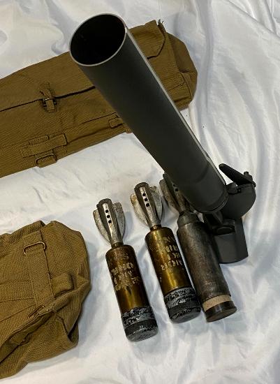 WW2 British Paratrooper Two Inch Mortar Bombs In Cases With Replica Mortar